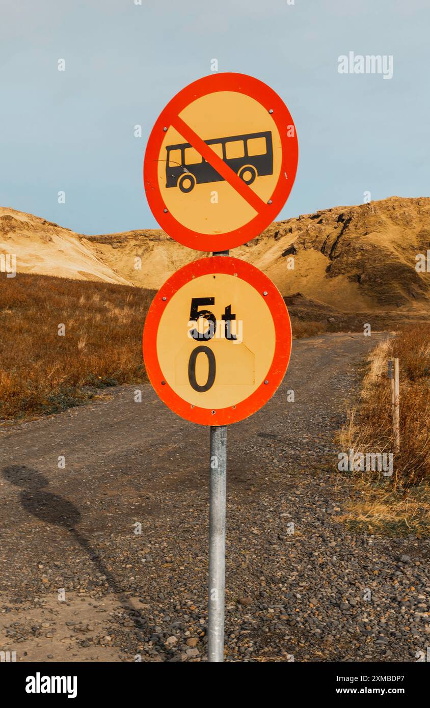 A traffic sign in Iceland prohibiting the transit of buses with a red ...