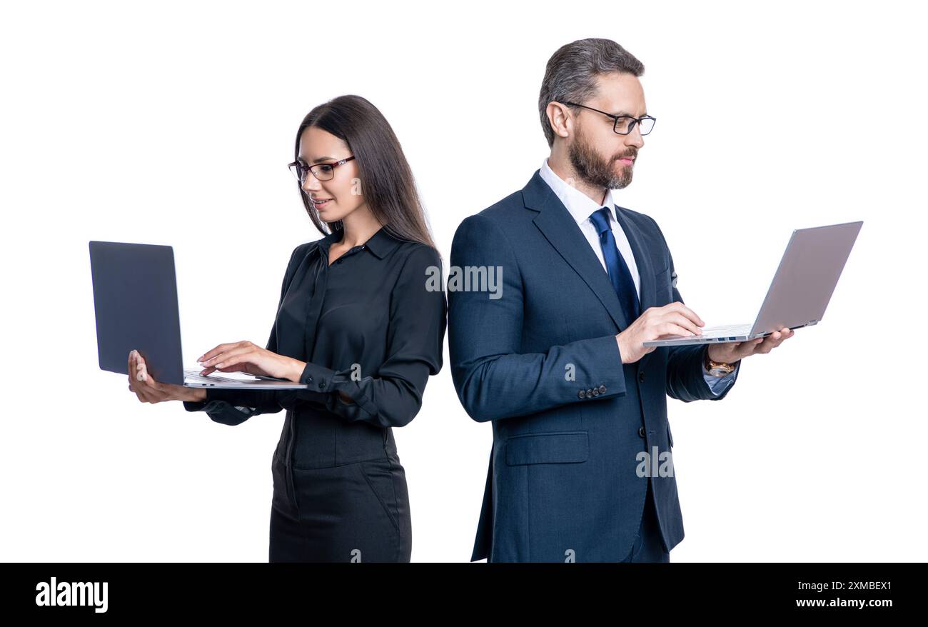 boss and employee using laptop. businesspeople isolated on white ...