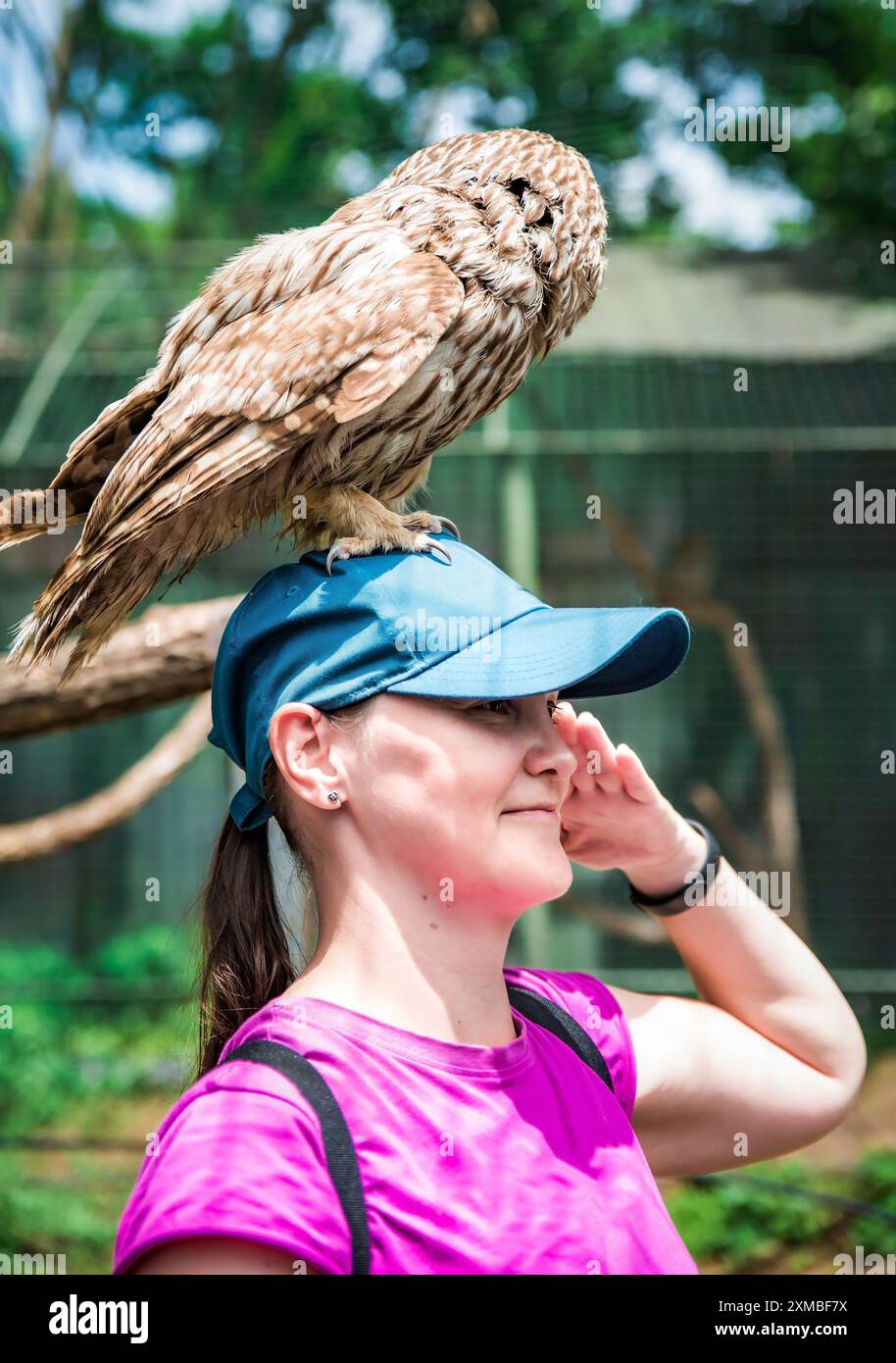 Portrait of laughing 36 years old Russian woman with Ural owl (Strix ...