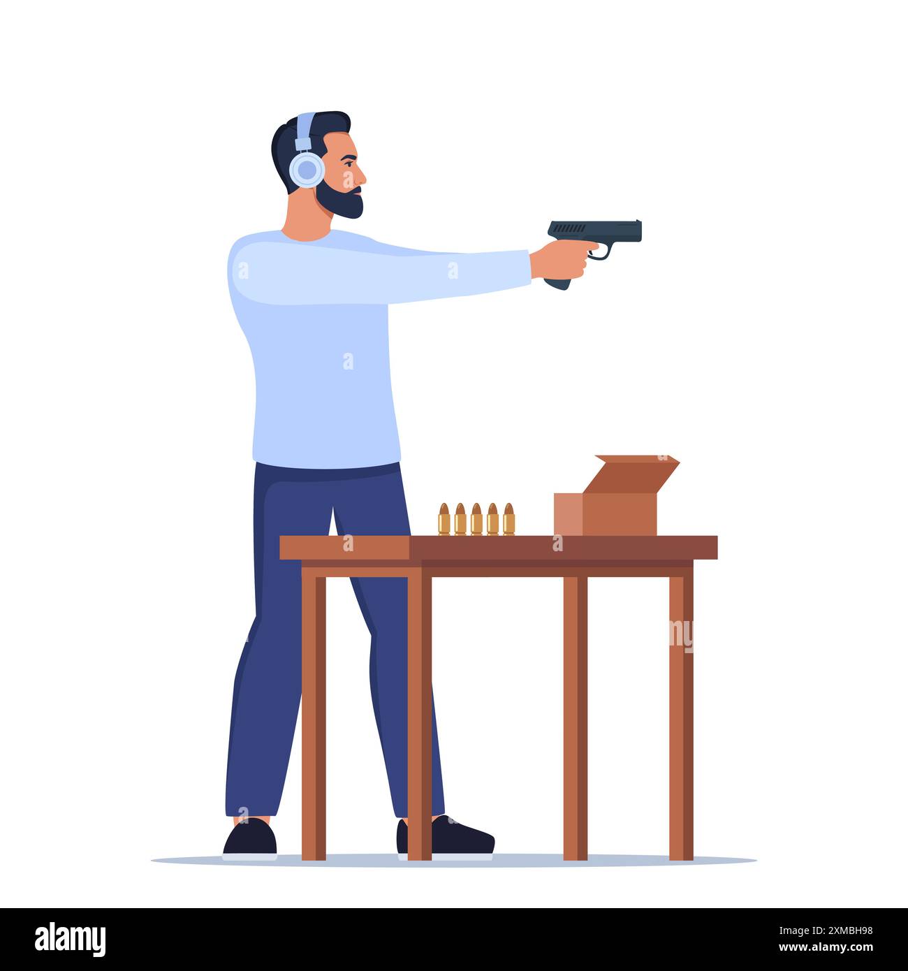 Focused Man Practicing Shooting Skills At Indoor Range. Male Character ...