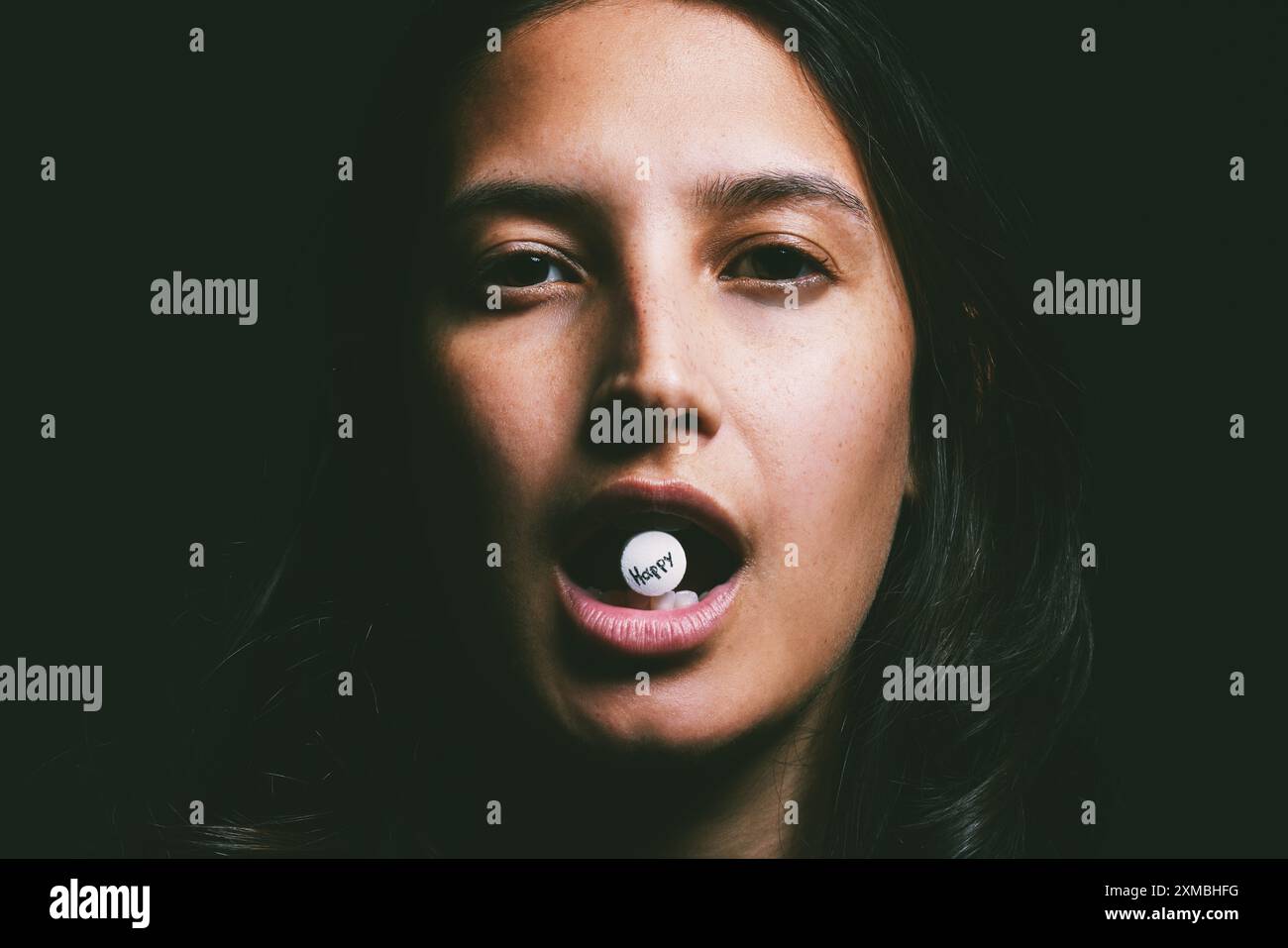Studio, depression and portrait of woman with tablet for mental health ...