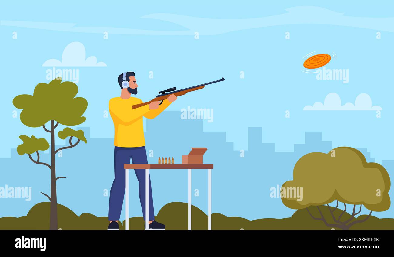 Man with shotgun practicing clay pigeon shooting. Vector illustration ...