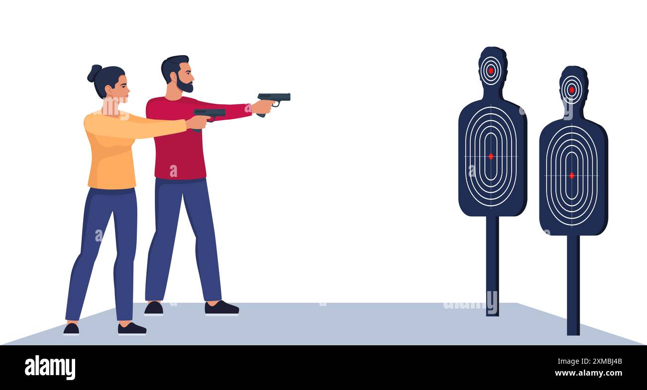 Focused man and woman Practicing Shooting Skills At Indoor Range ...
