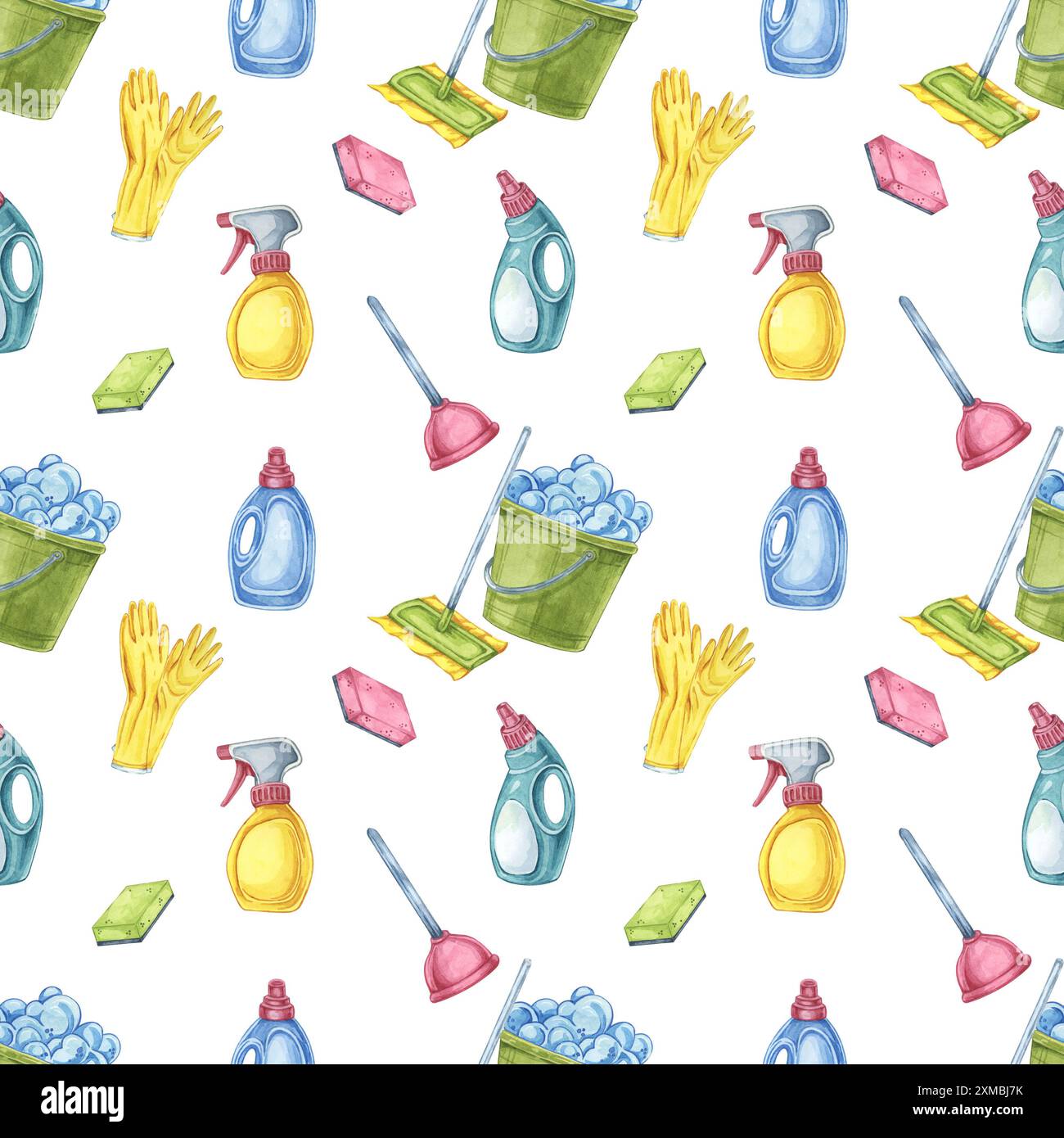 Housekeeping tools seamless pattern featuring cleaning supplies such as ...