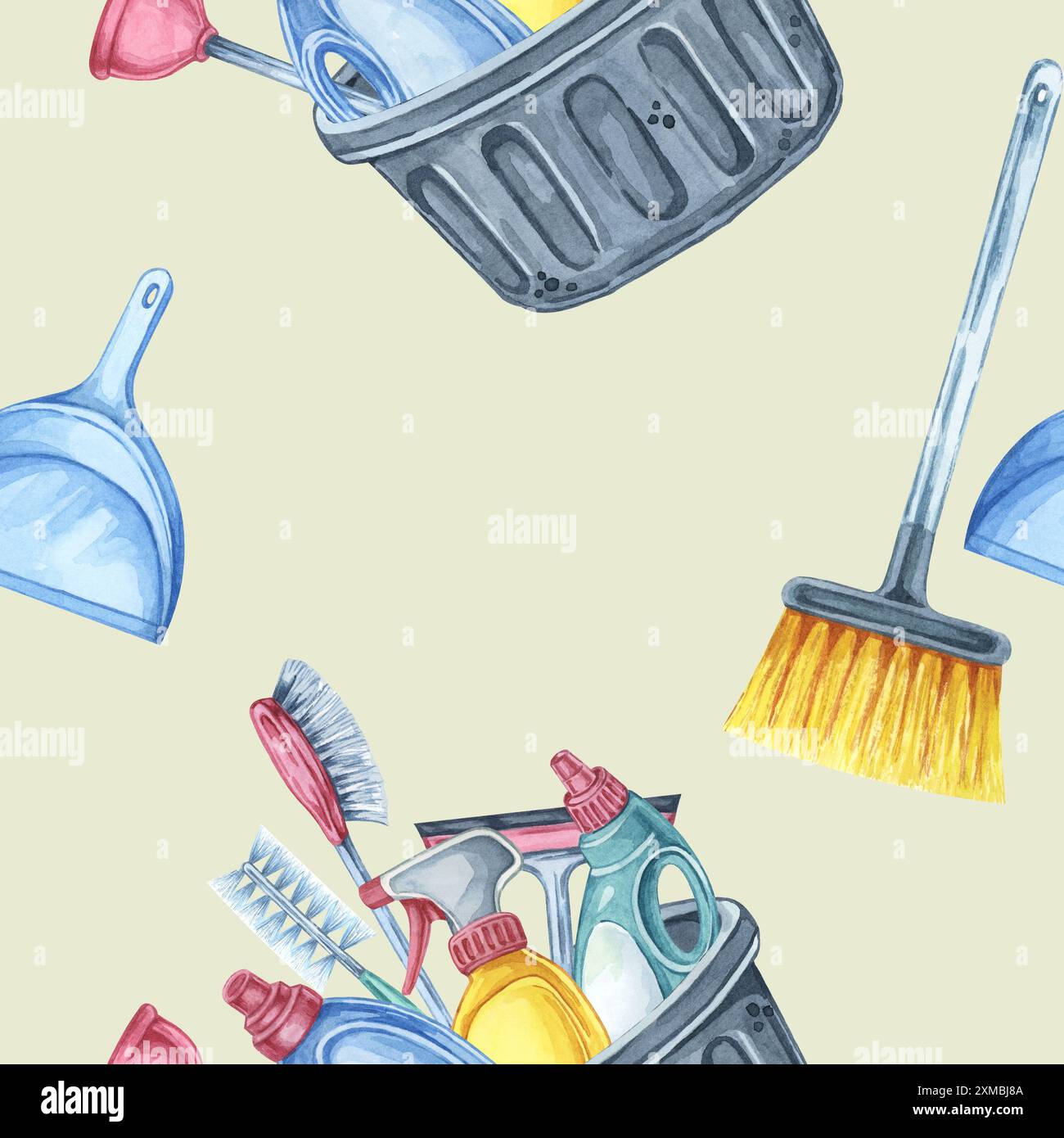 Housekeeping tools seamless pattern. Broom, dustpan, and bucket with ...