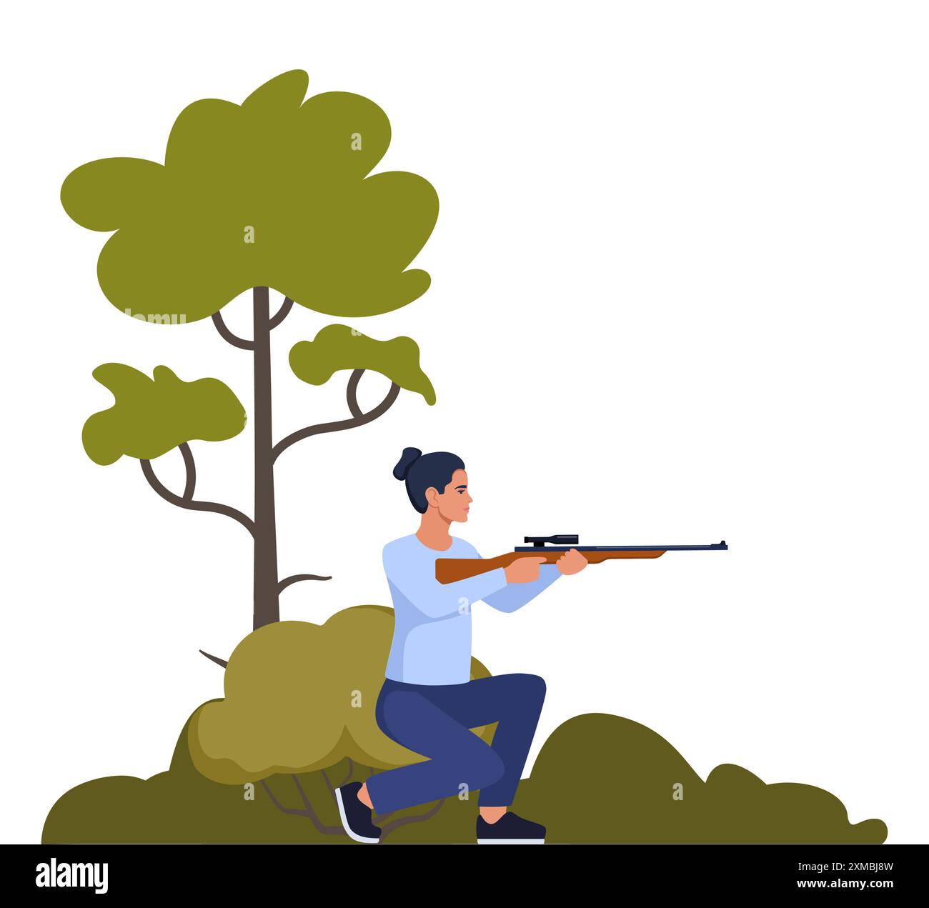 Sport shooting. Aiming woman with rifle. Outdoor hobby, hunting. Woman ...