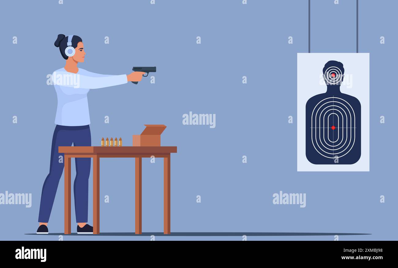 Focused Woman Practicing Shooting Skills At Indoor Range. Female ...