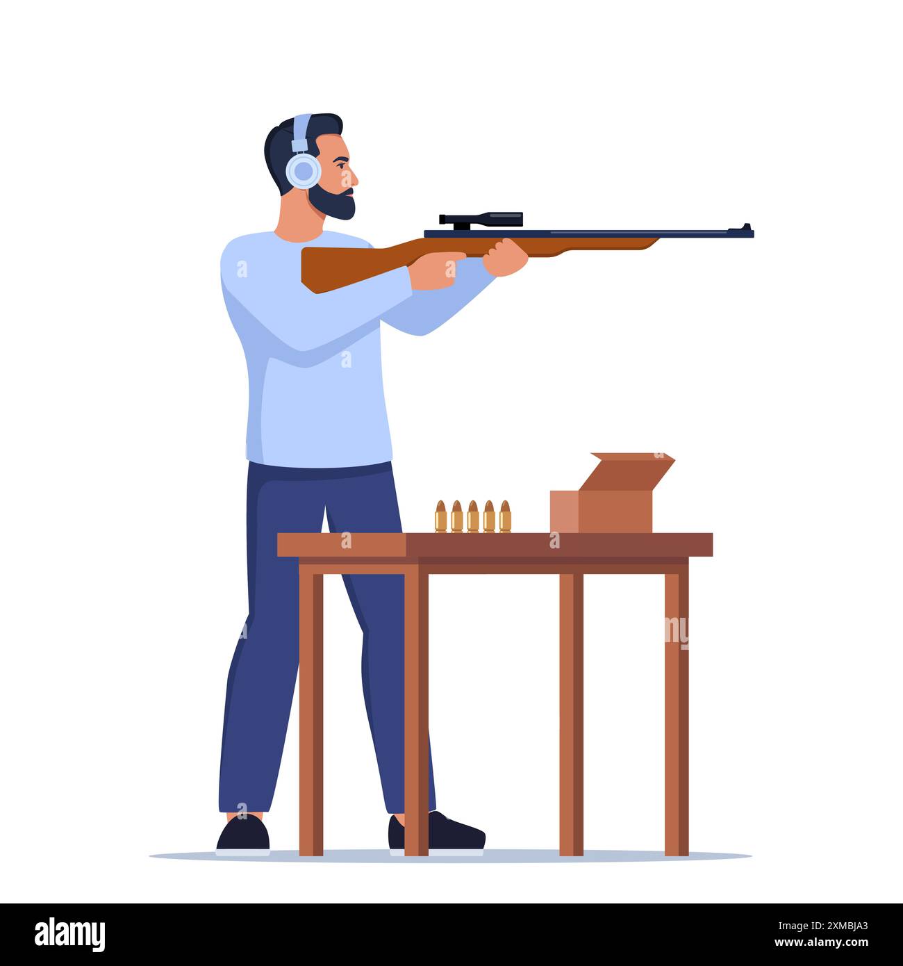 Focused Man Practicing Shooting Skills At Indoor Range. Male Character ...