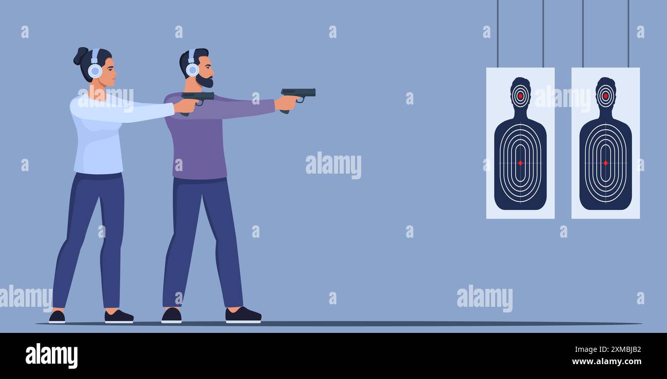 Focused man and woman Practicing Shooting Skills At Indoor Range ...