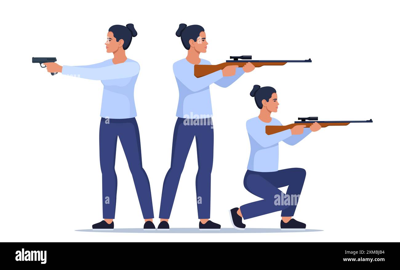 Sport shooting. Aiming woman with rifle and pistol in different poses ...