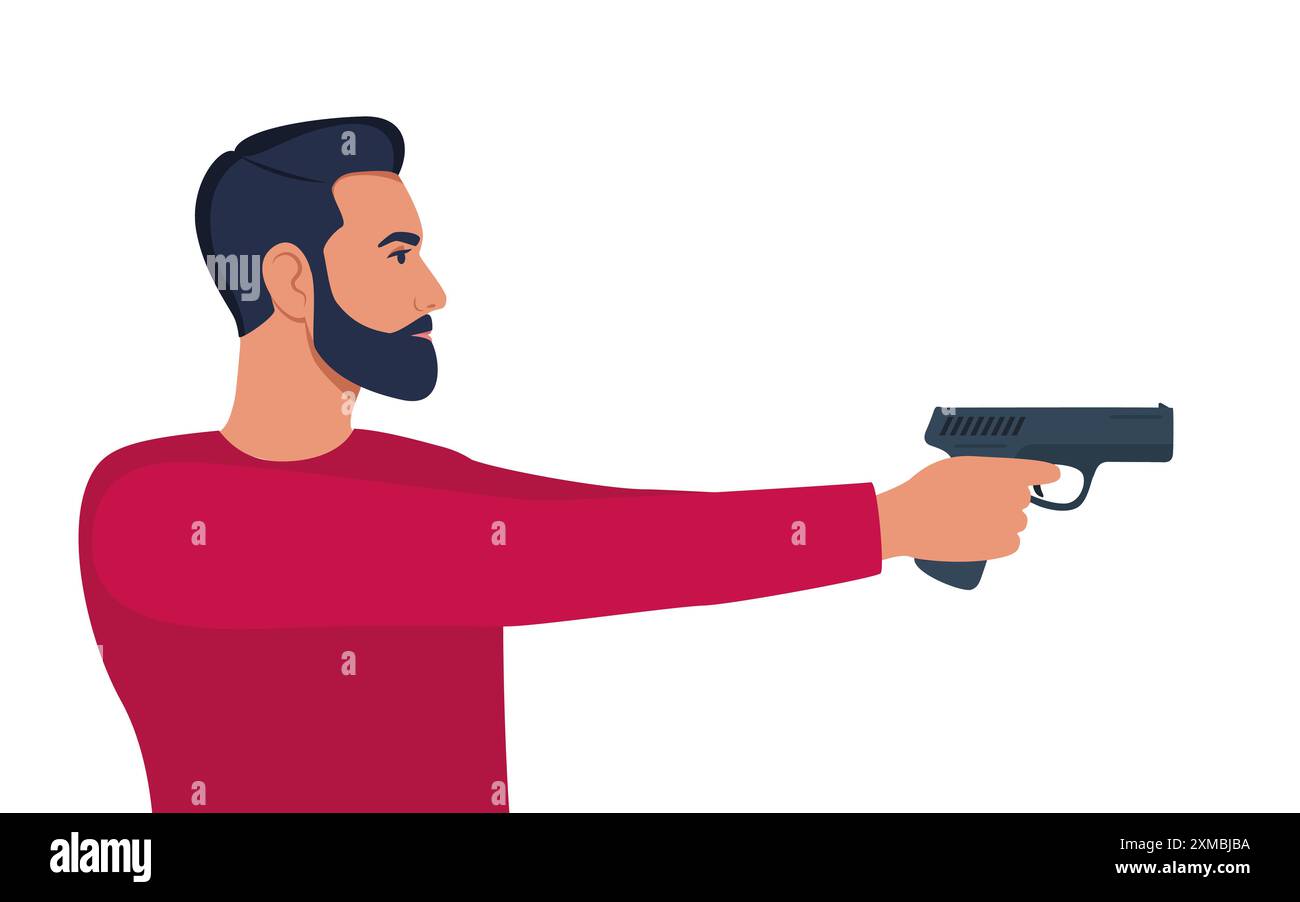 Sport shooting. Aiming man with pistol. Male Character In Ear ...