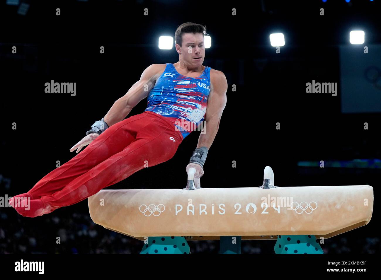 Brody Malone, of United States, competes on the pommel horse during a ...