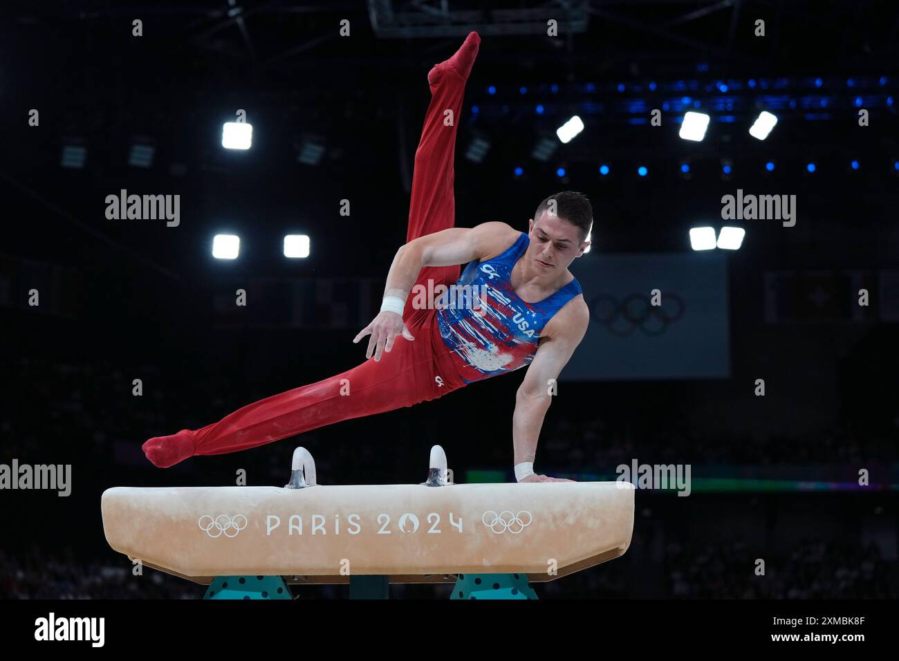 Paul Juda, of United States, competes on the pommel horse during a men ...