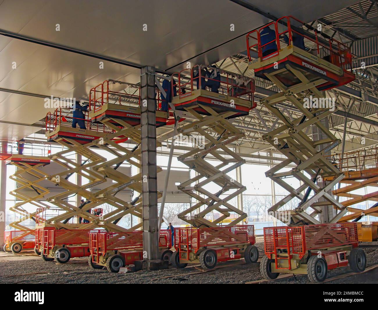 Kyiv, Ukraine. December 03. 2011. Multiple scissor lifts used by ...
