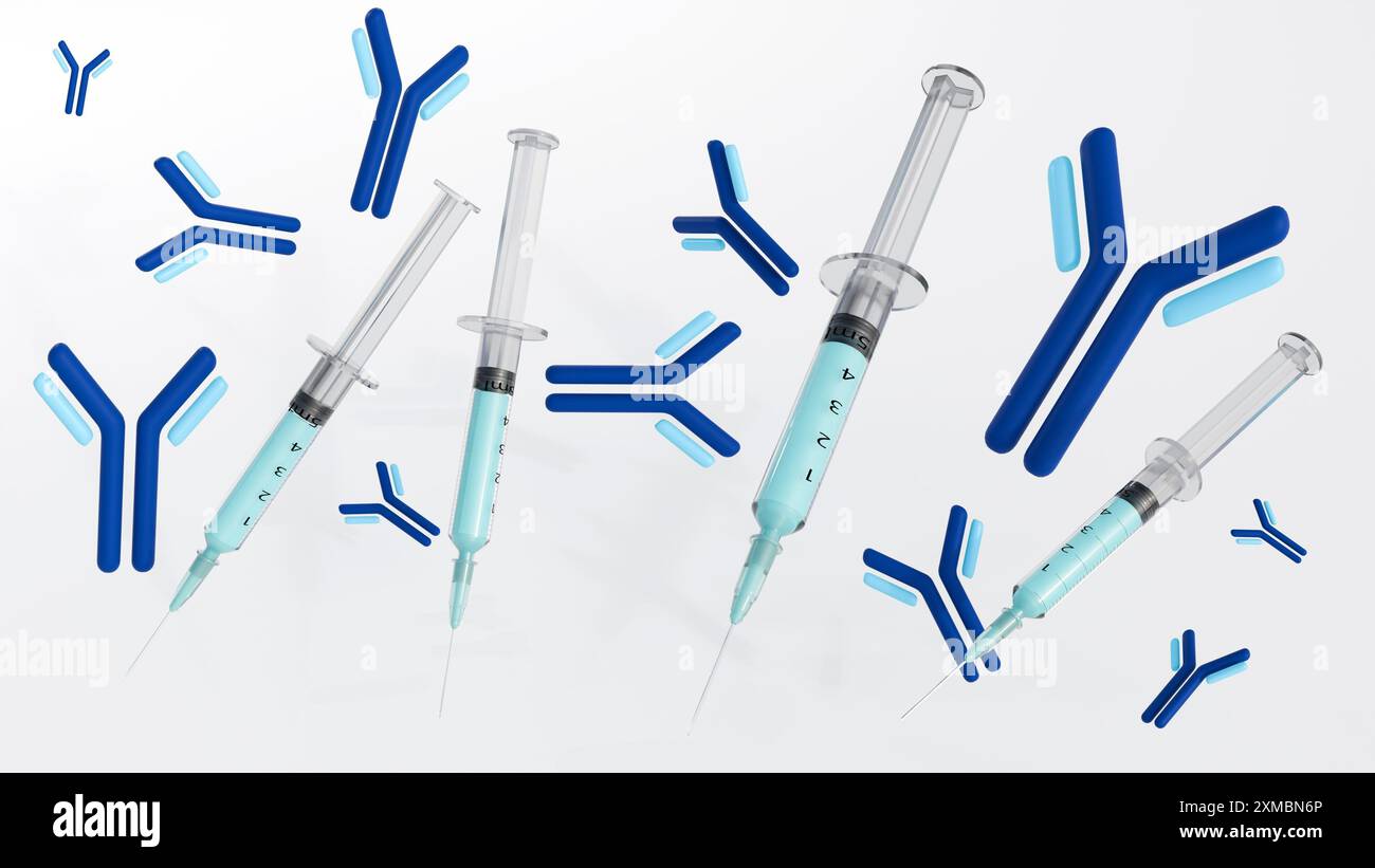 3d rendering of isolated antibody molecules and medical syringe in the ...