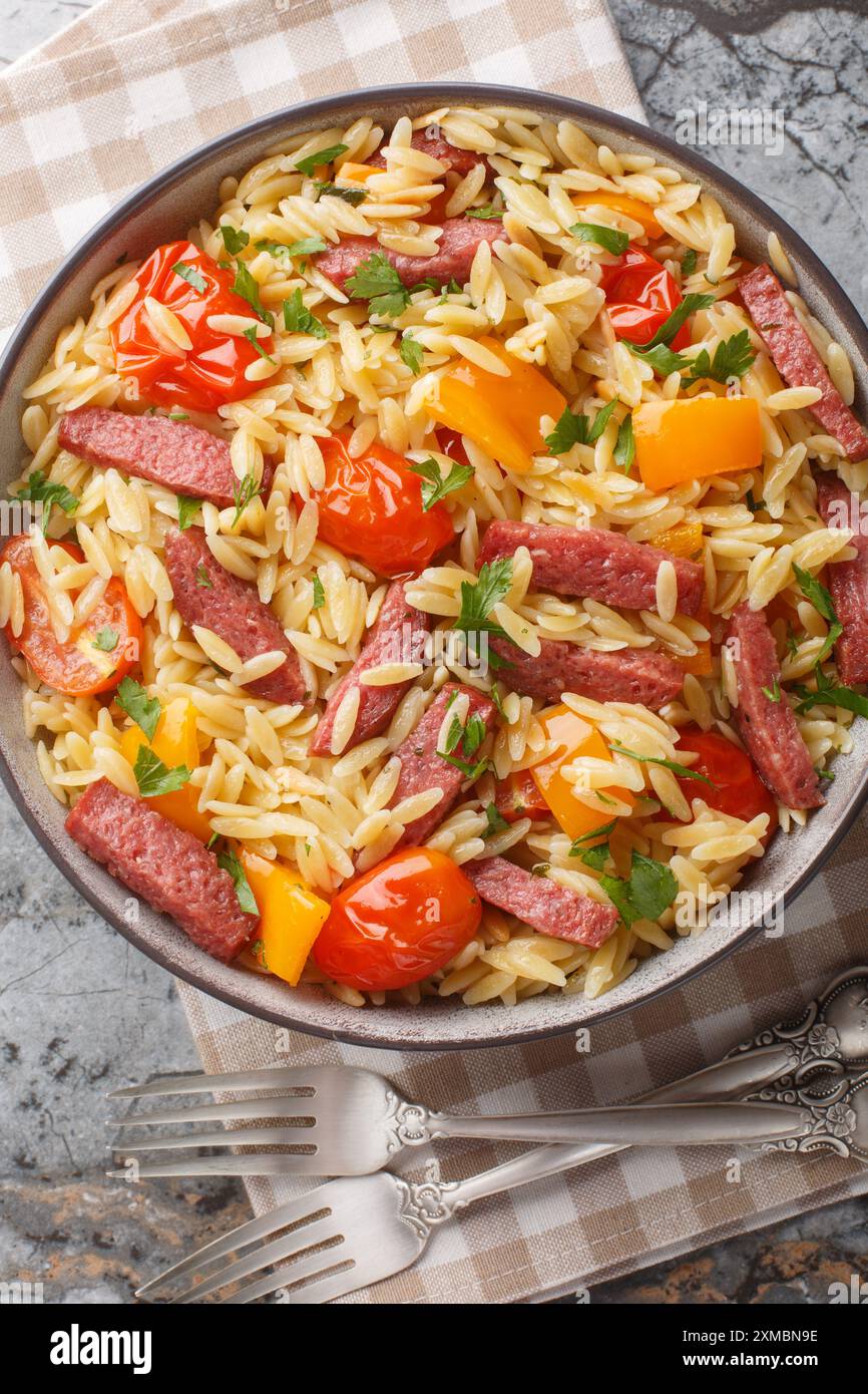 Risoni pasta with fried salami sausage and stewed vegetables close-up ...