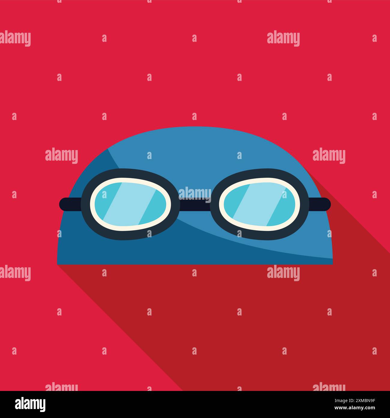 Blue swimming cap and goggles lying on red background, evoking swimming ...