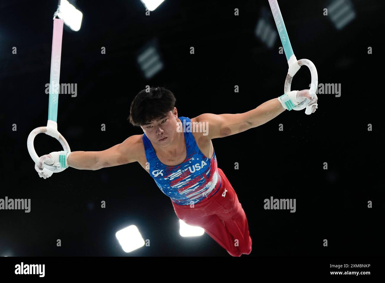 Asher Hong, of United States, competes on the rings during a men's ...