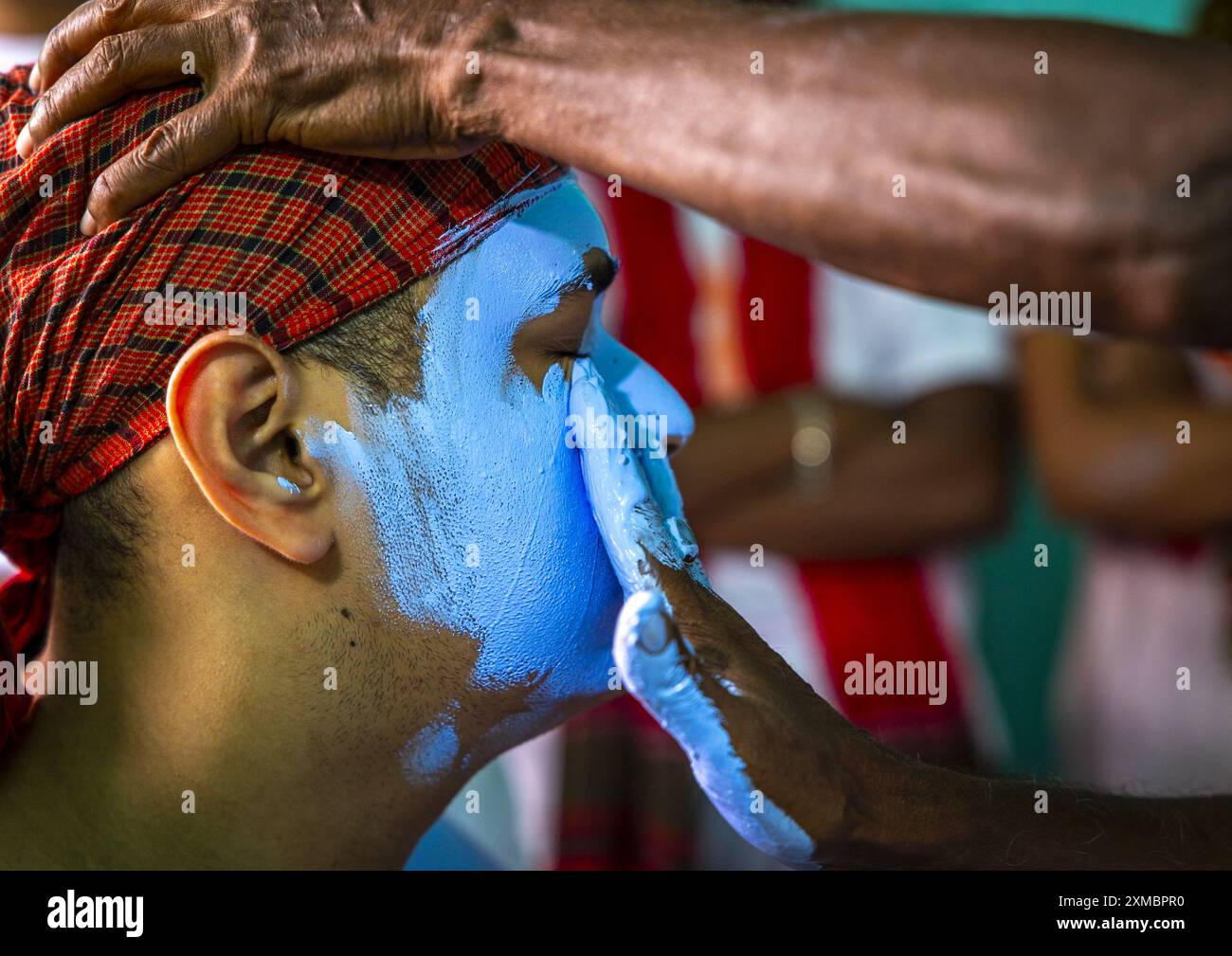 Make up of a hindu devotee who becomes Lord Shiva at Lal Kach festival, Dhaka Division ...