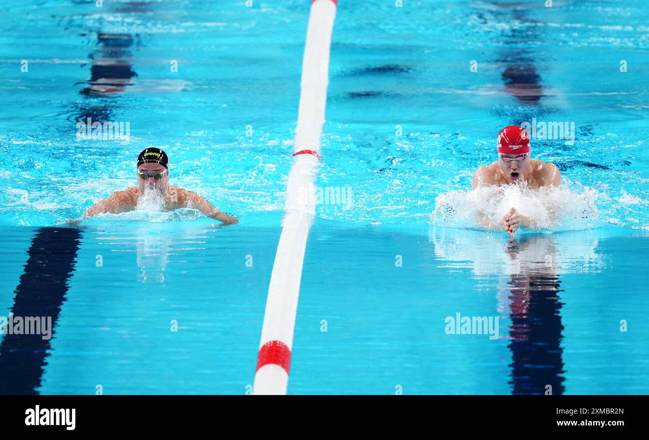 China's Jiajun Sun (left) and Haiyang Qin during the Men's 100m Breaststroke Heats at the Paris ...