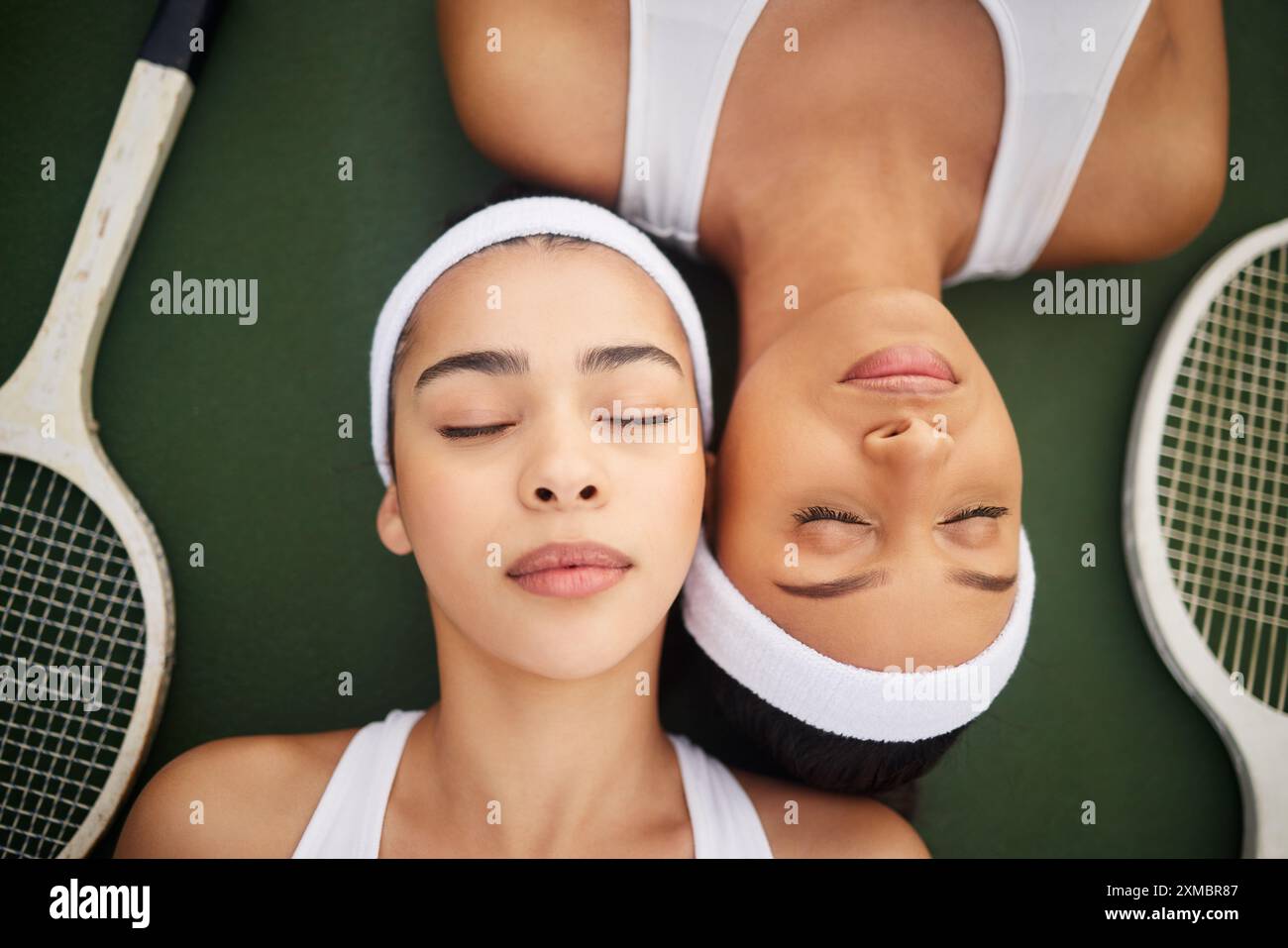 Tennis player, sport and women with eyes closed on court with sleeping ...
