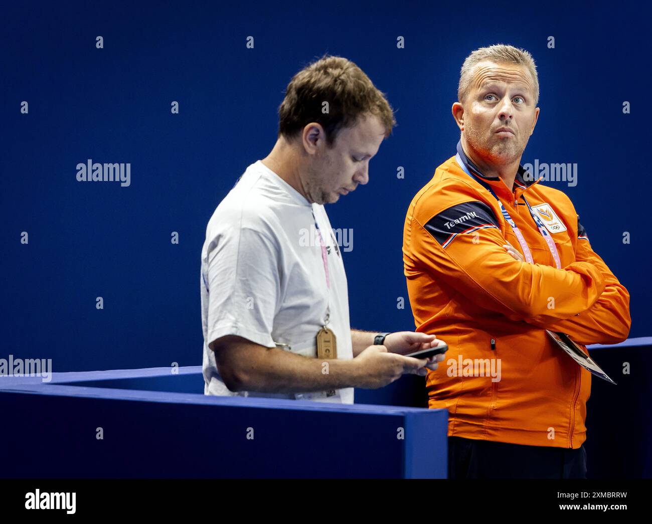 PARIS - Coach Mark Faber during the 100 meter school during the Olympic ...