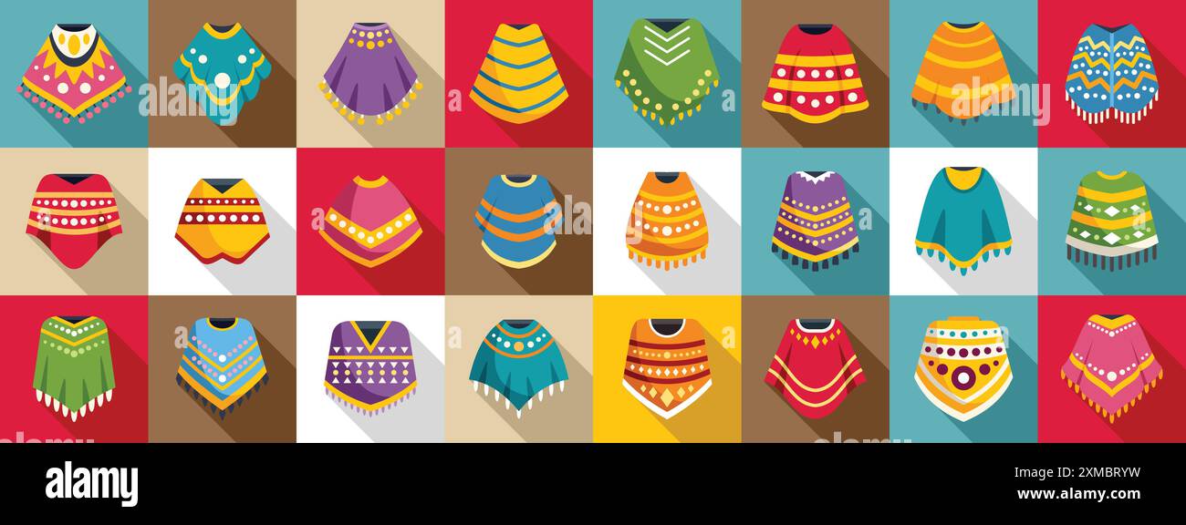 Poncho icons set. Set of icons showing different colored and patterned ...