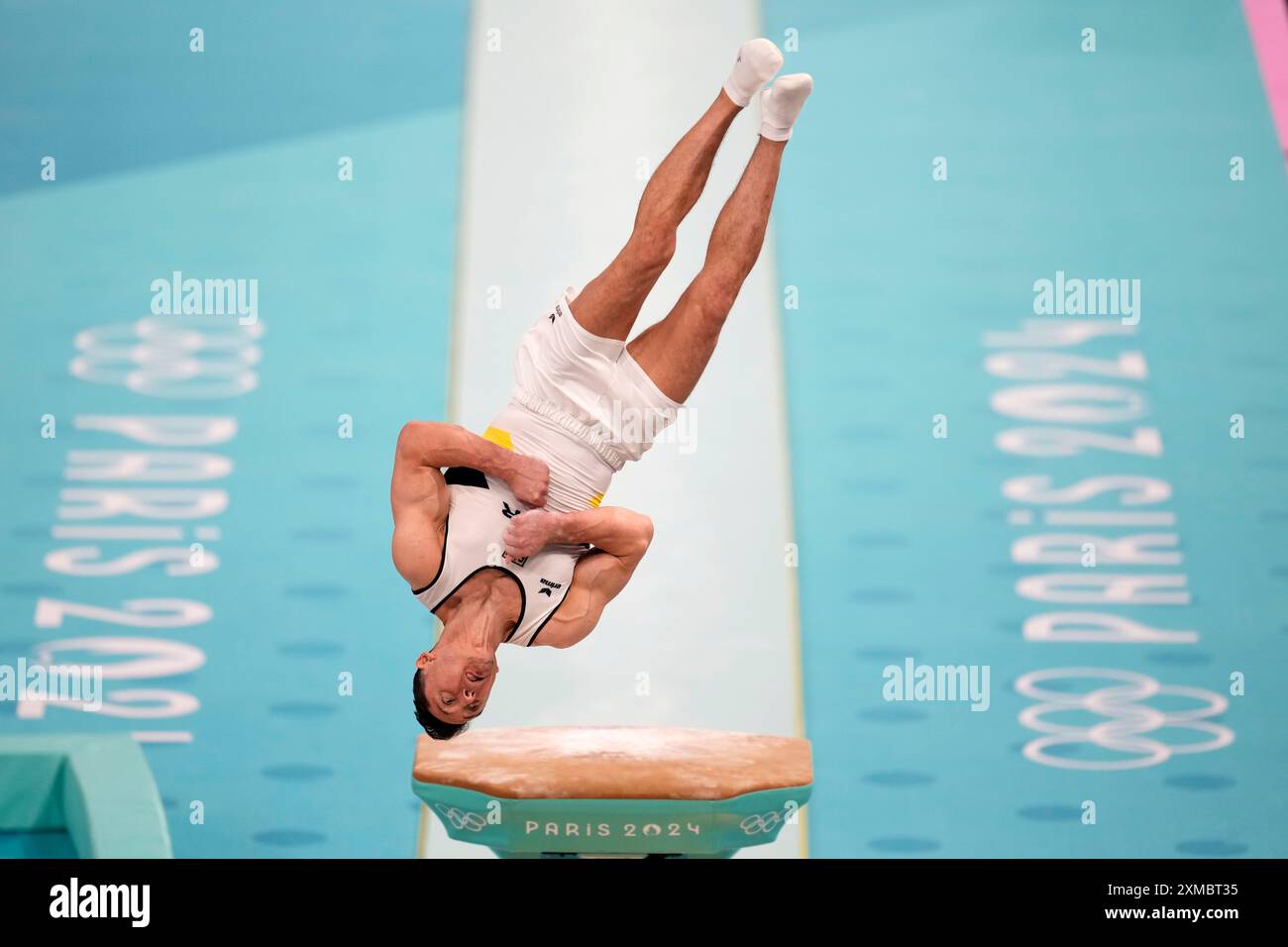 Andreas Toba, of Germany, competes on the vault during a men's artistic ...