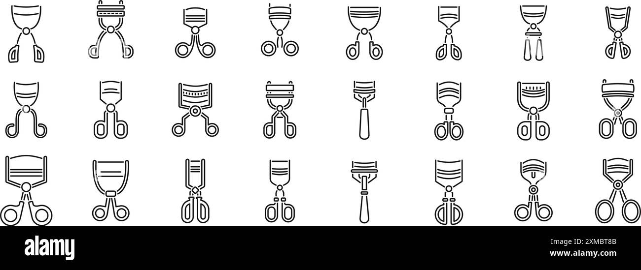 Eyelash Curler icons set. Line art icon set featuring different styles of eyelash curlers for ...