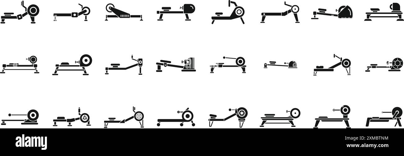 Rowing Machine icons set. Athletes training on rowing machine using ...