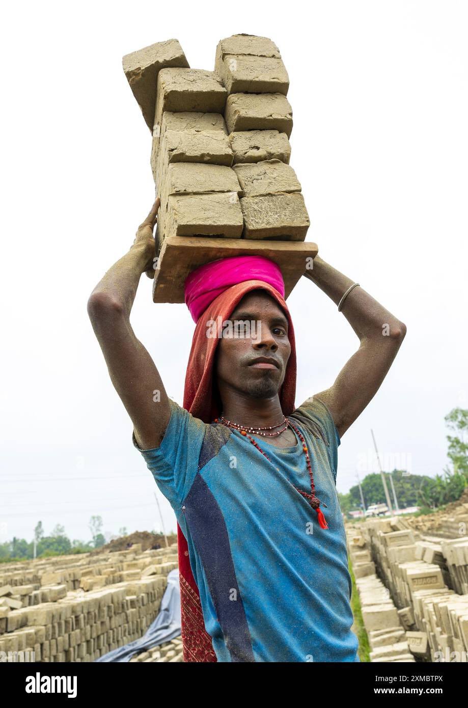 Hijra carrying bricks on his head at a brick factory, Sylhet Division ...