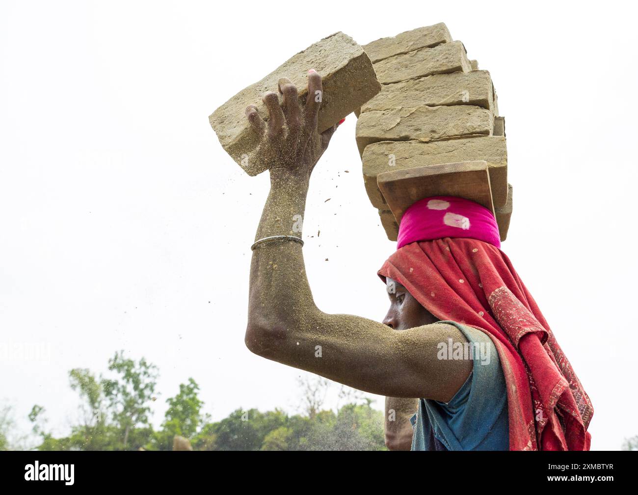 A bangladeshi man carries bricks on his head at a brick factory, Sylhet ...