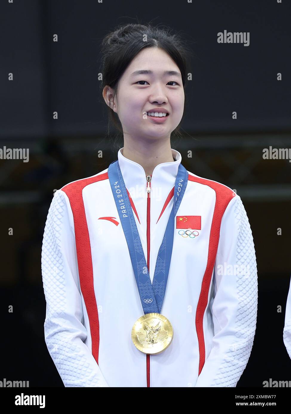 Chateauroux, France. 27th July, 2024. Gold medalist Huang Yuting of China attends the awarding ...