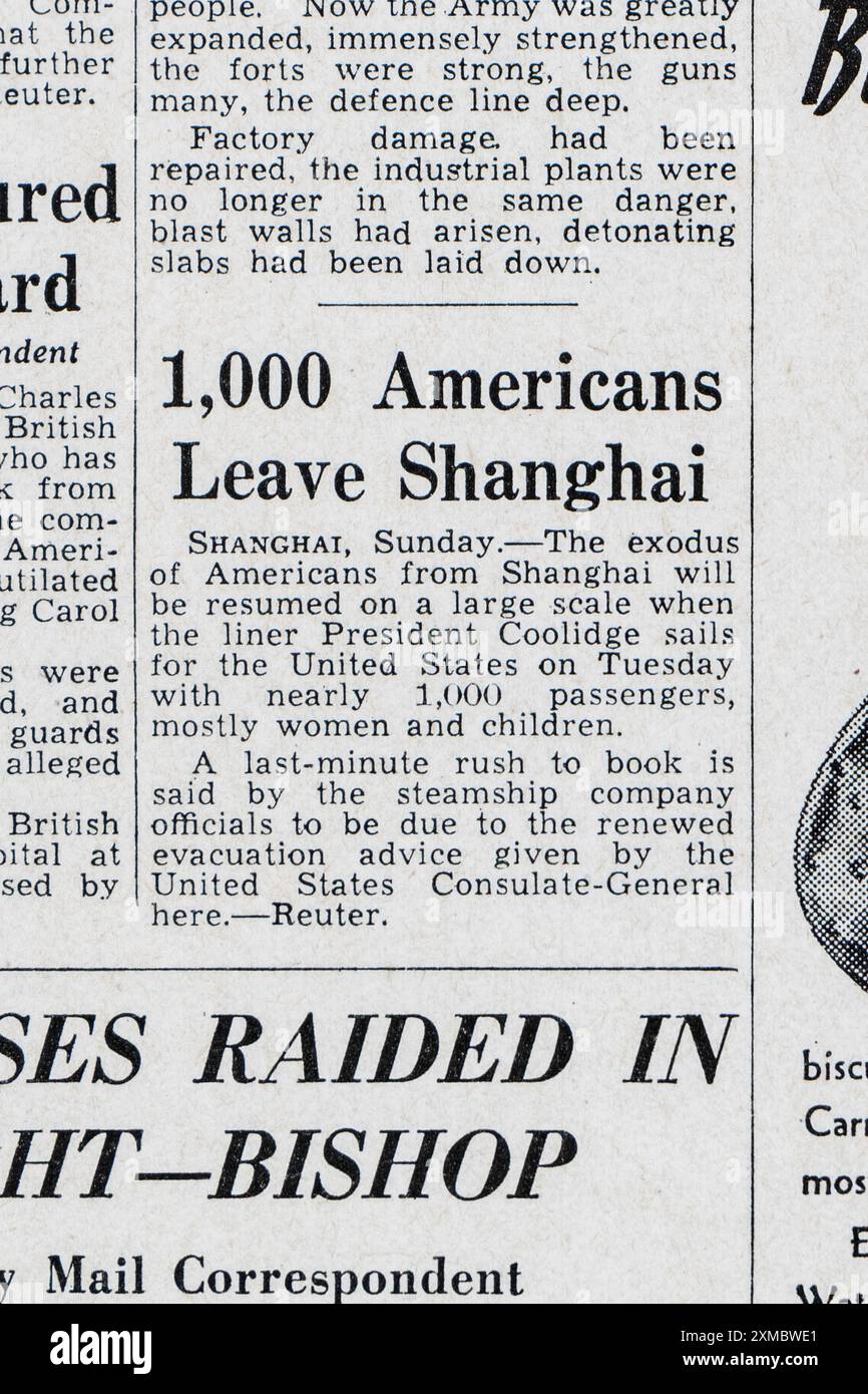 "1,000 Americans Leave Shanghai" headline on the front page of the ...