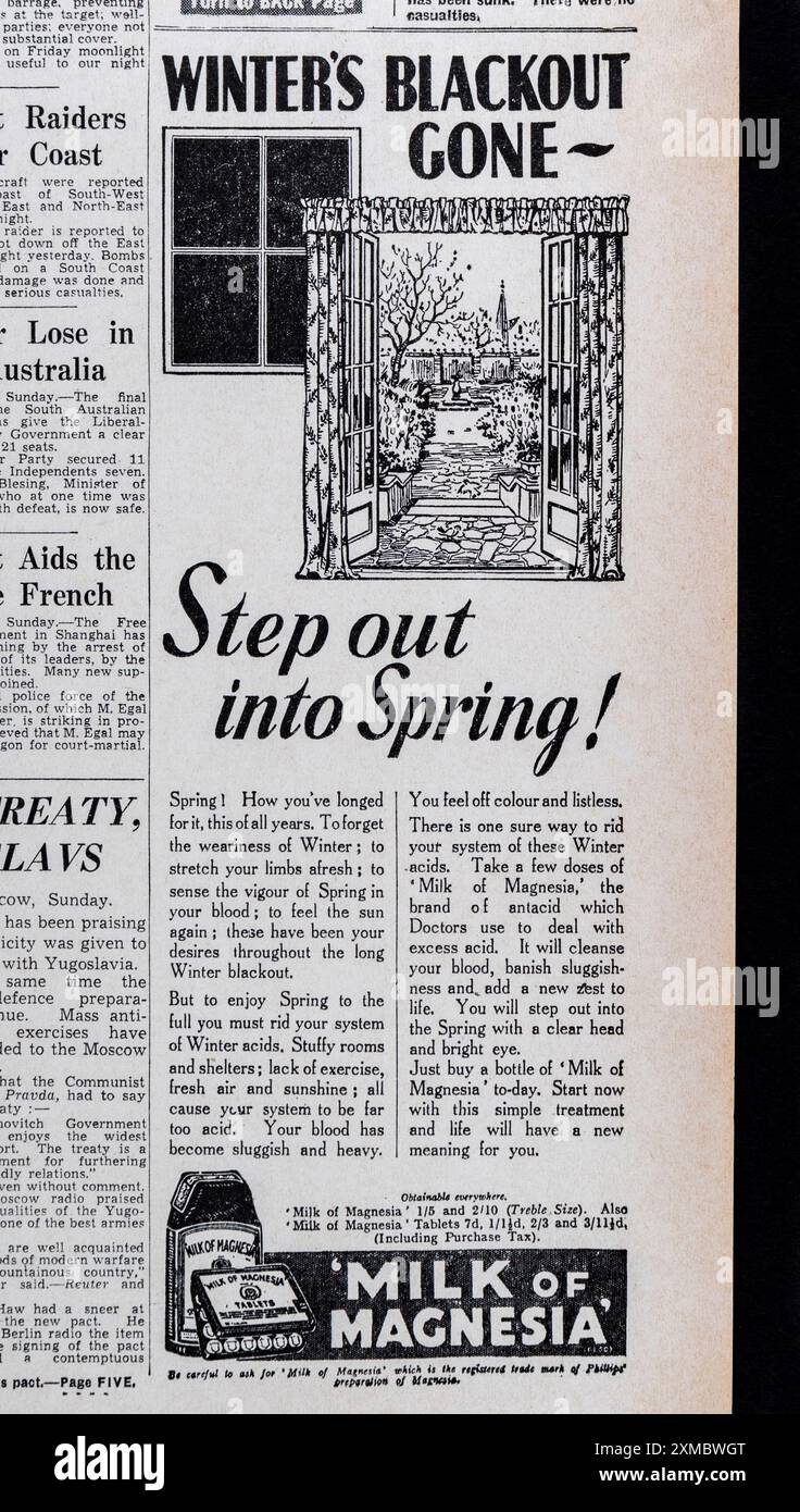 Advert for 'Milk of Magnesia'" on the front page of the Daily Mail ...