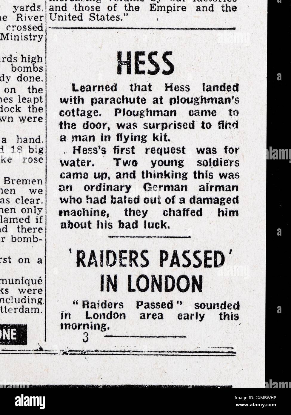 "Hess" STOP PRESS headline on the front page of the Daily Mail (replica ...