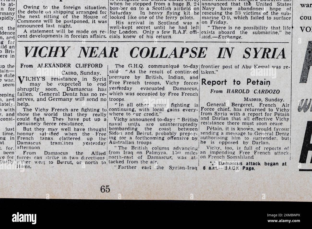 "Vichy near collapse in Syria" headline on the front page of the Daily ...