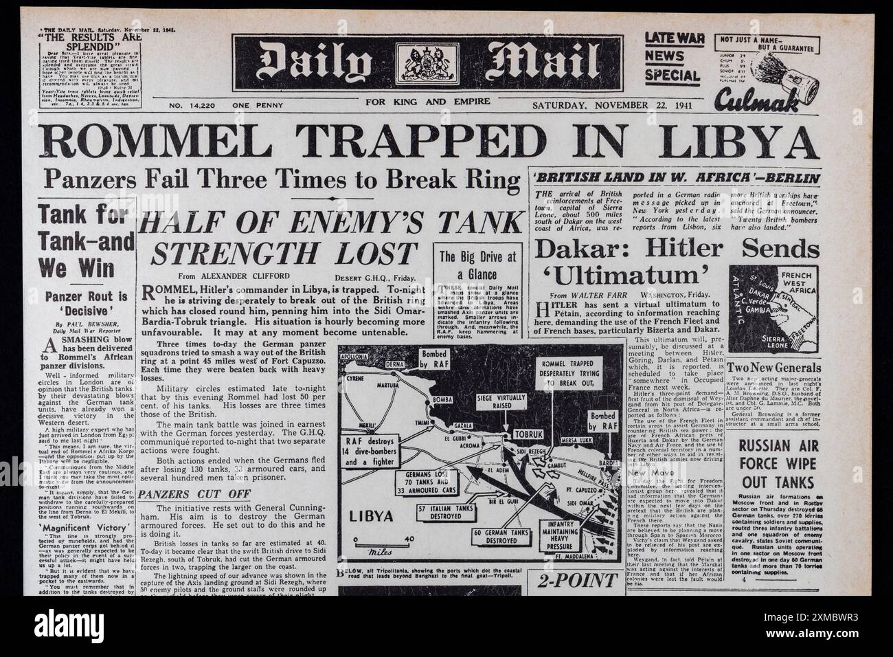 "Rommel Trapped in Libya" headline on the front page of the Daily Mail ...