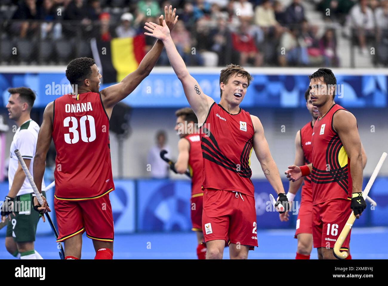 Paris, France. 27th July, 2024. Belgium's Nelson Onana, Belgium's Tom ...