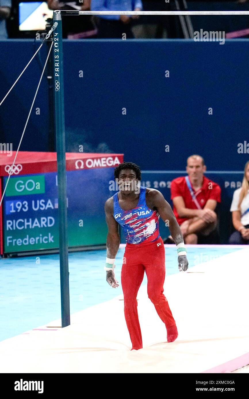 Frederick Richard, of United States, celebrates after competing on the ...