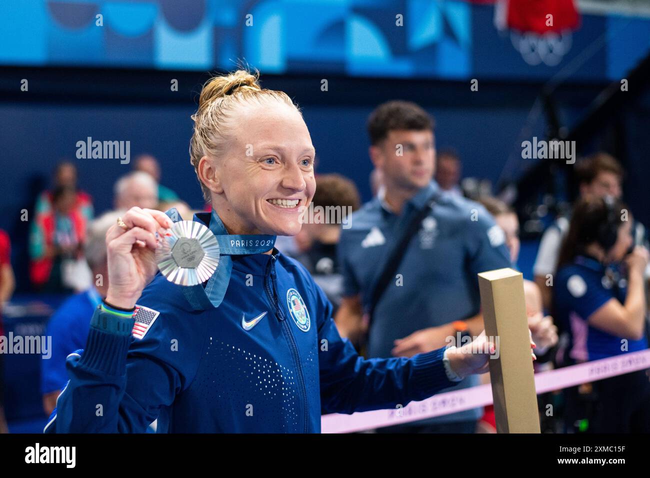 BACON Sarah (USA) jubelt bei der Siegerehrung ueber Platz 2 und Silber ...
