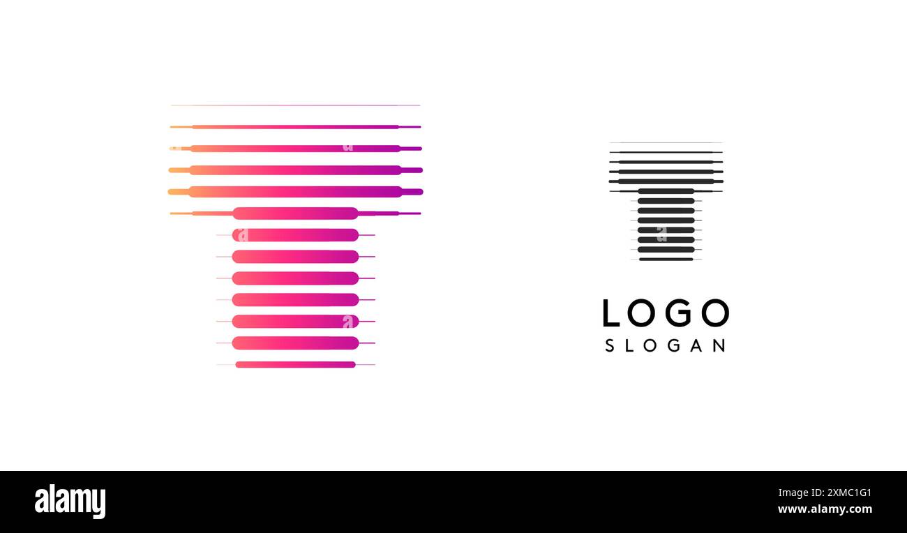 Abstract wide letter T, logo with horizontal gradient lines, dynamic gradient logotype for tech ...