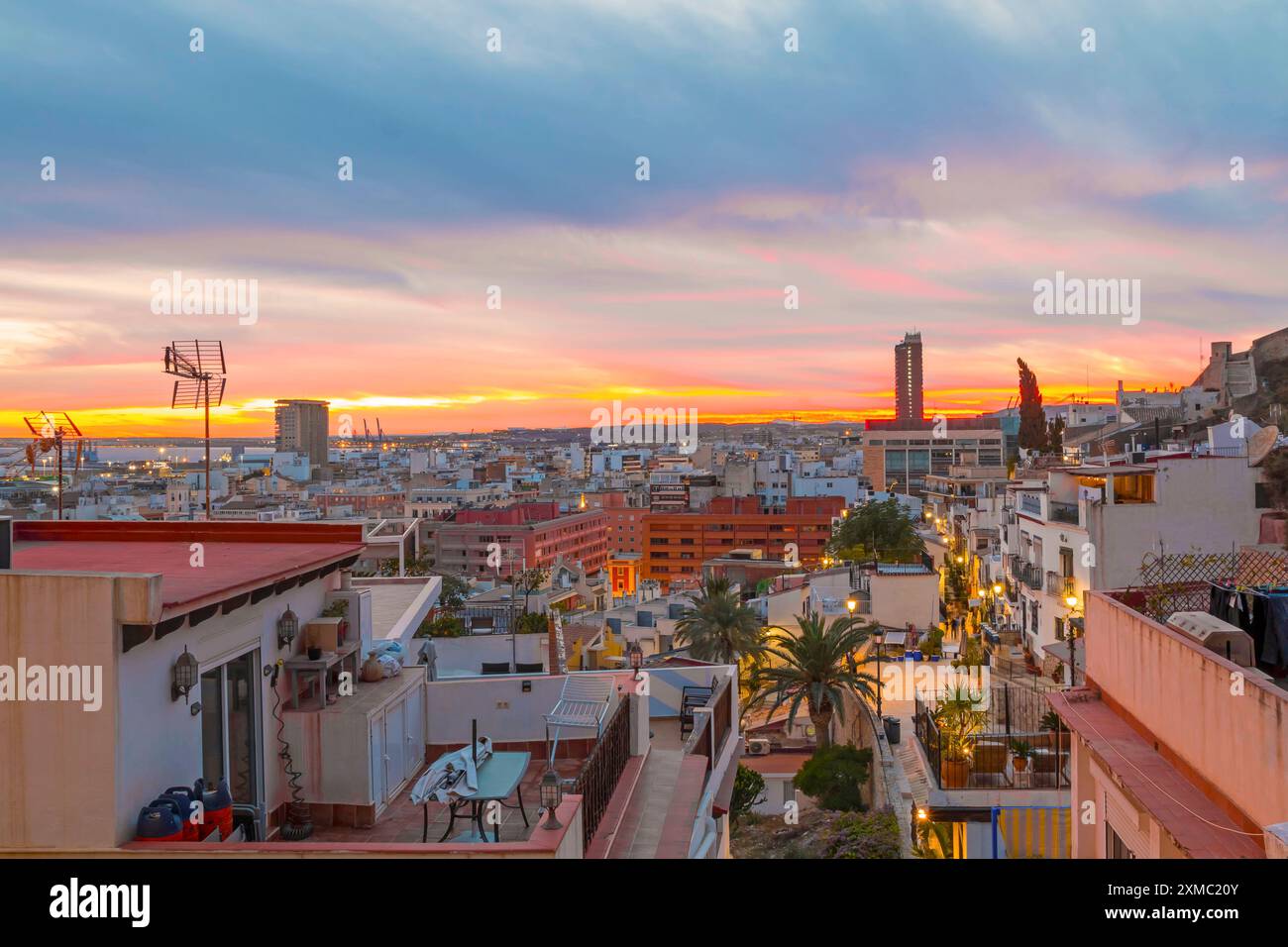 Alicante city centre aerial panoramic view at sunset. Alicante is a ...