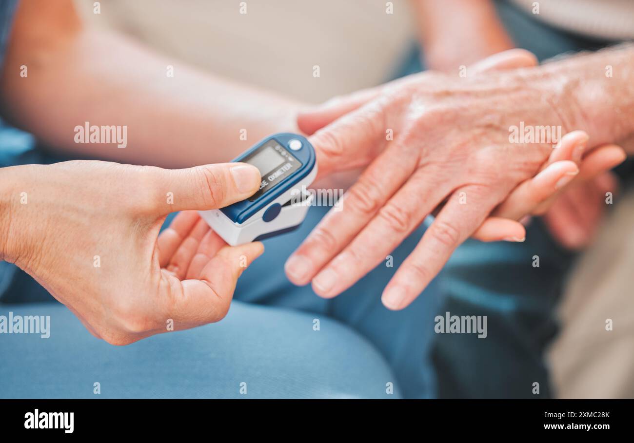 Nurse, patient hands and check oxygen in blood, measure pulse and ...