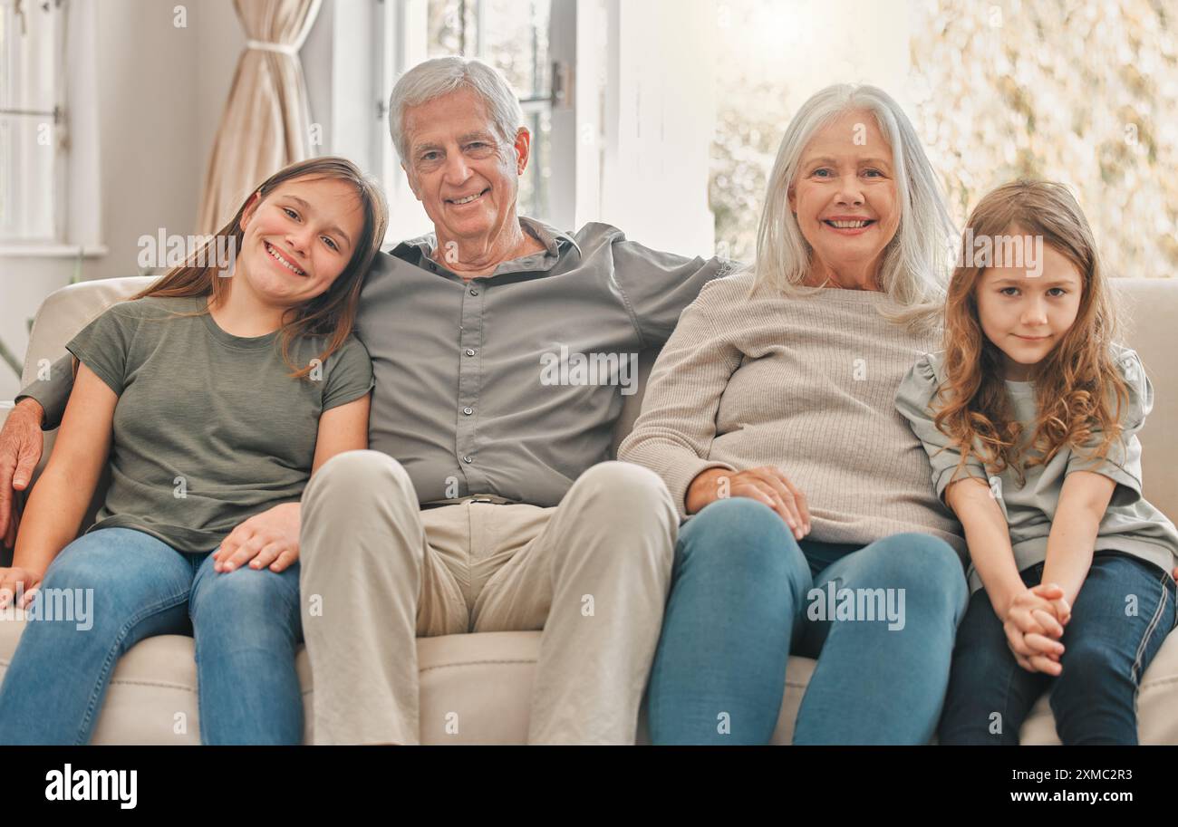 Portrait, happy family and children with grandparents in home for care ...