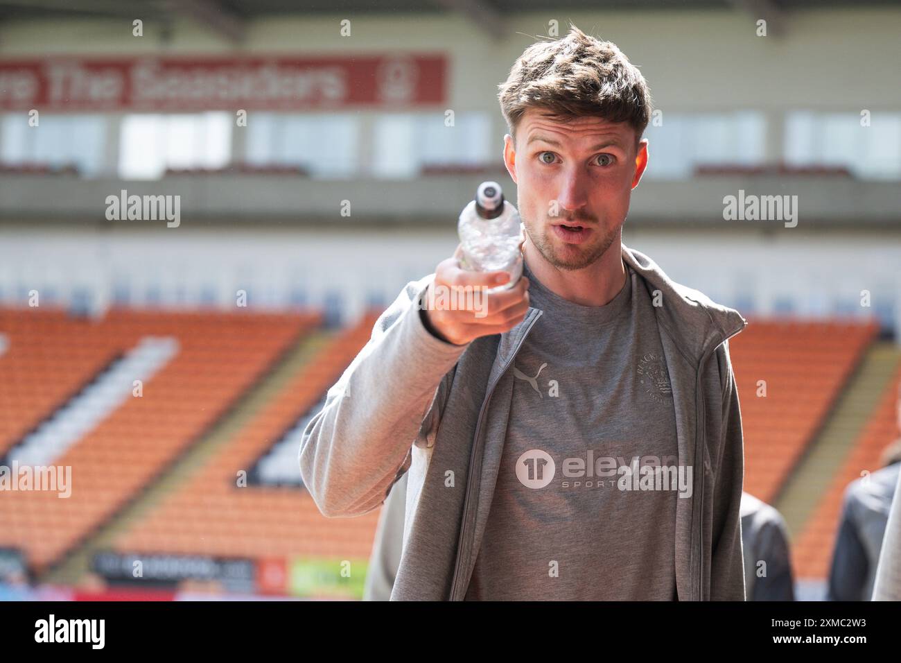 Jake Beesley of Blackpool arrives ahead of the Pre-season friendly ...