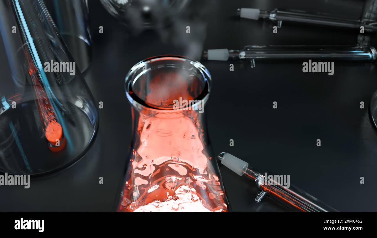 Glass Beaker with boiling liquid, water starts to Boil in a laboratory ...