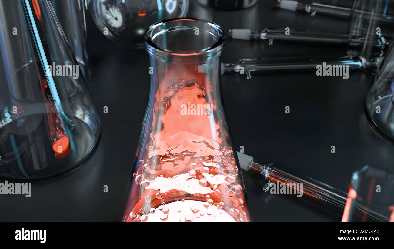 Glass Beaker with boiling liquid, water starts to Boil in a laboratory ...