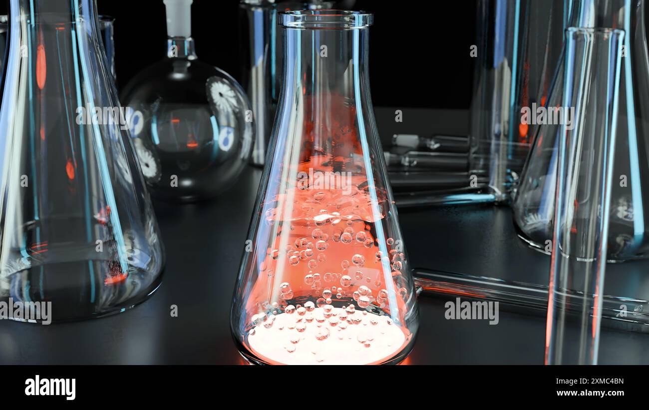 Glass Beaker with boiling liquid, water starts to Boil in a laboratory ...