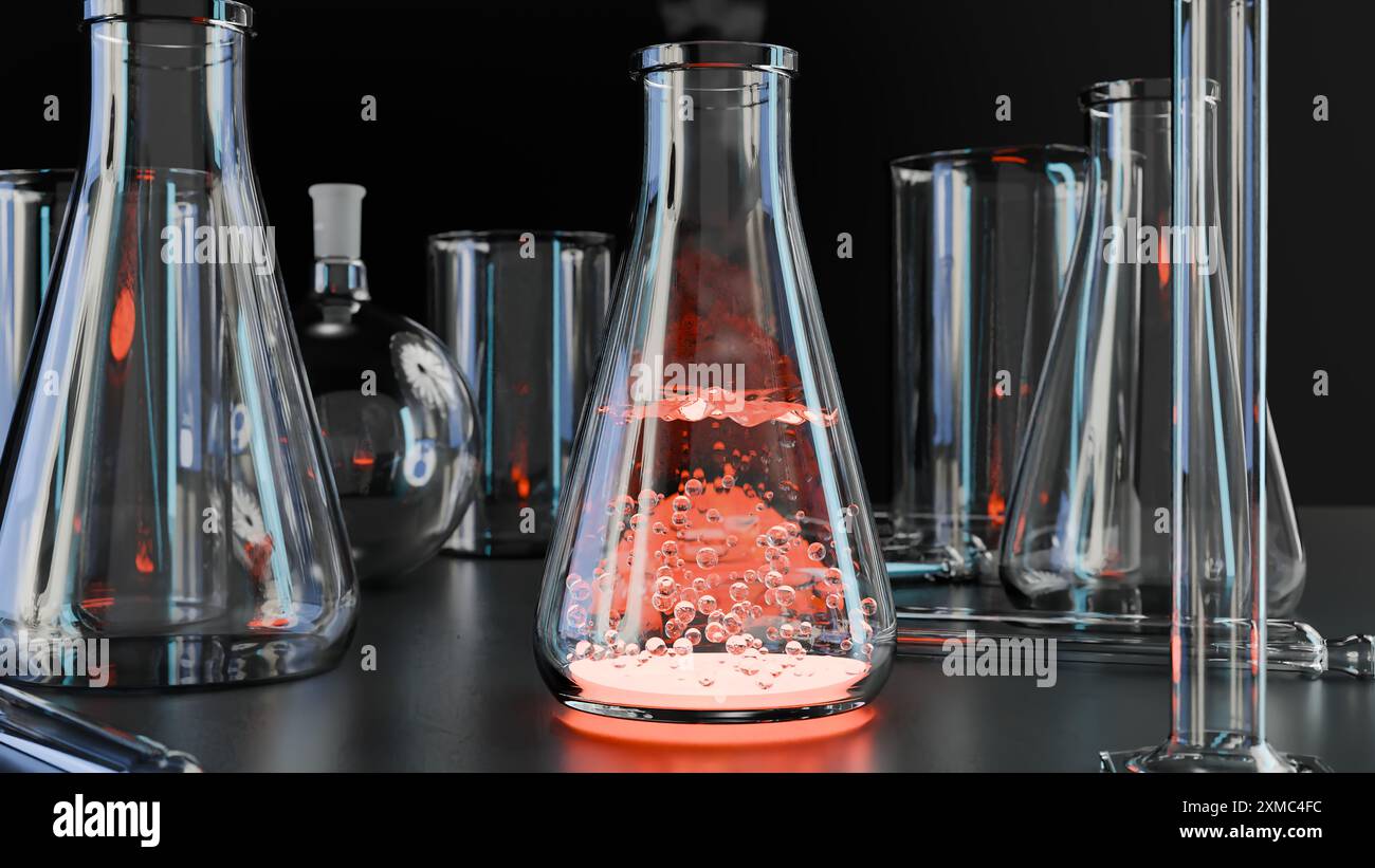 Glass Beaker with boiling liquid, water starts to Boil in a laboratory ...